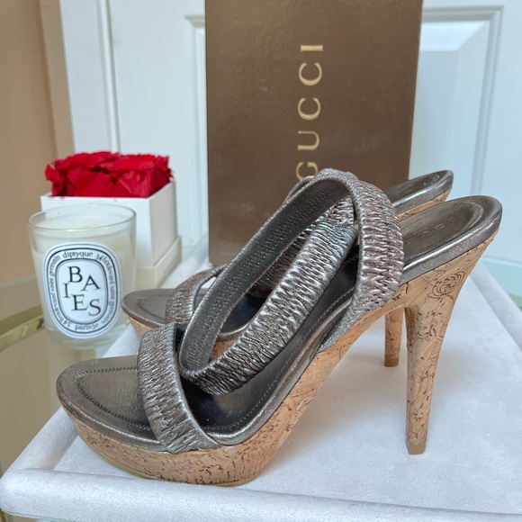 Gucci | Shoes | Gucci Cork Silver Leather Sandals Sz 75 495 | Poshmark